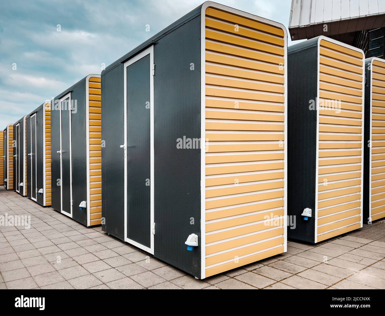 Street market cabins aligned in the row for farmer's market festival ...