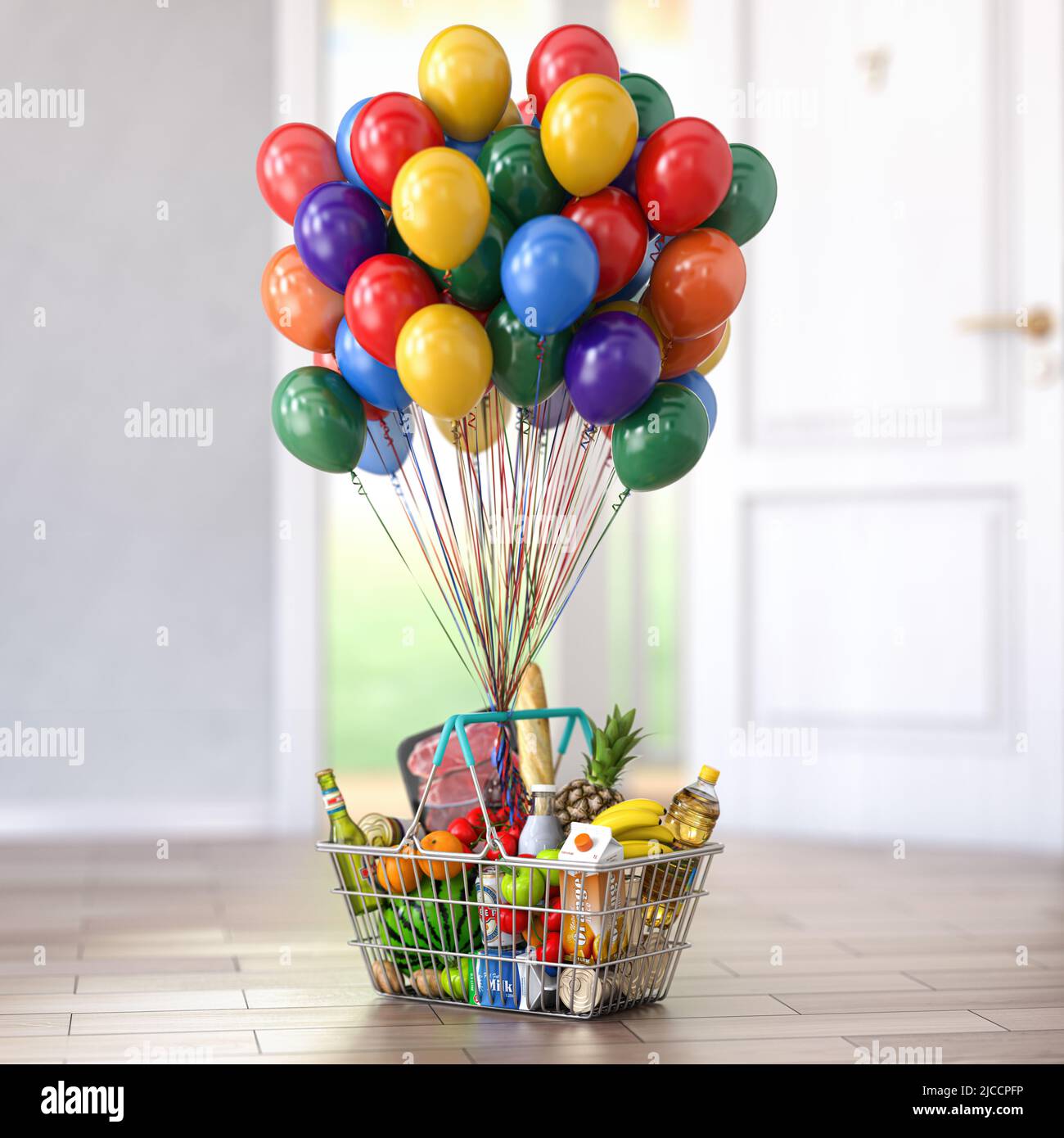 Shopping basket full of food and eats with balloons in front of door ...