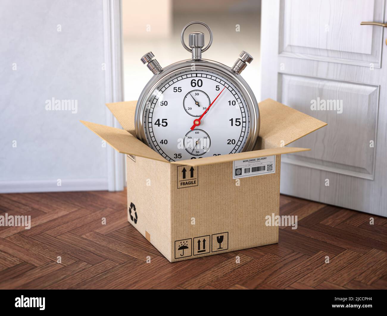 Express delivery concept. Stopwatch and cardboard box on the floor in ...