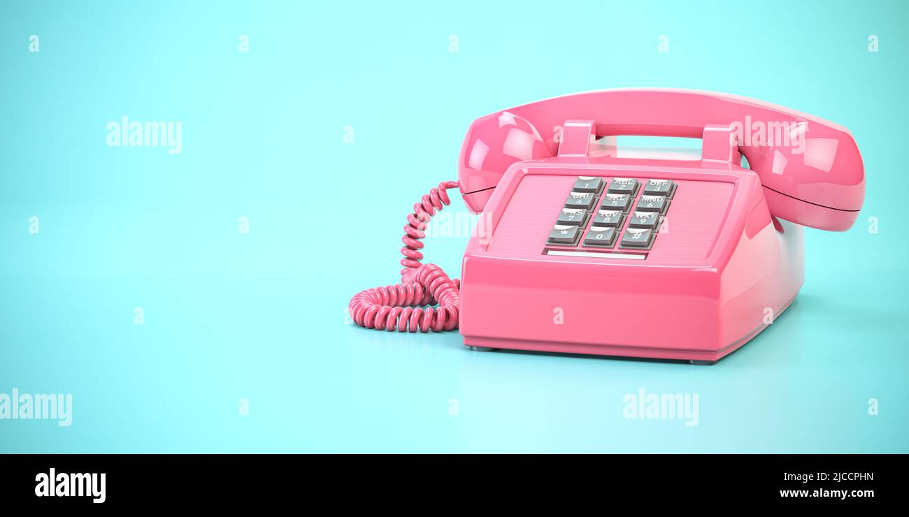 Pink telephone. Vintage retro push button telephone on cyan backgound ...