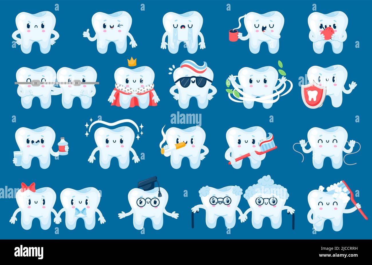 Tooth care character. Cute cartoon teeth with happy faces for dental ...
