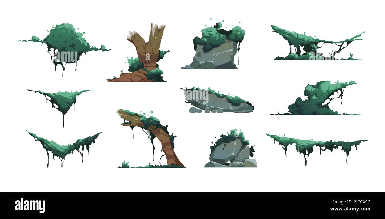 Cartoon moss. Swamp green lichen and fungus on old logs and rocks, game ...