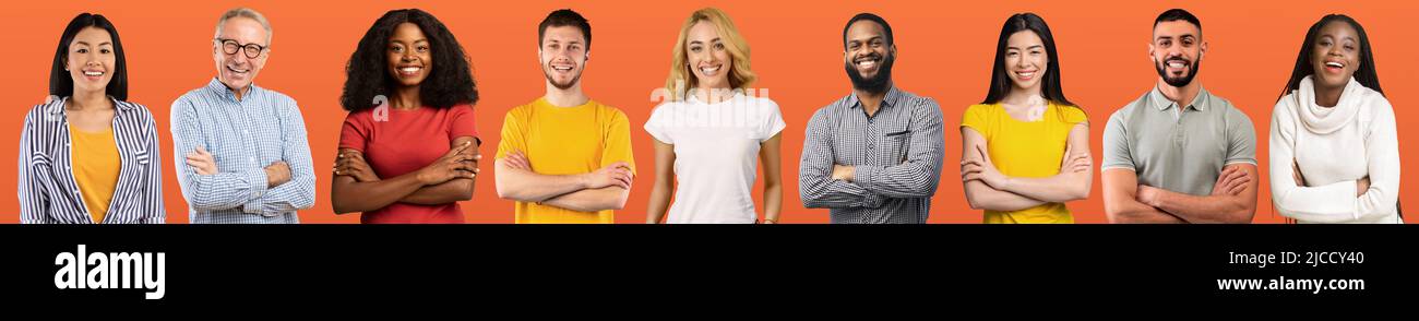 Positive multicultural men and women posing on orange background Stock ...