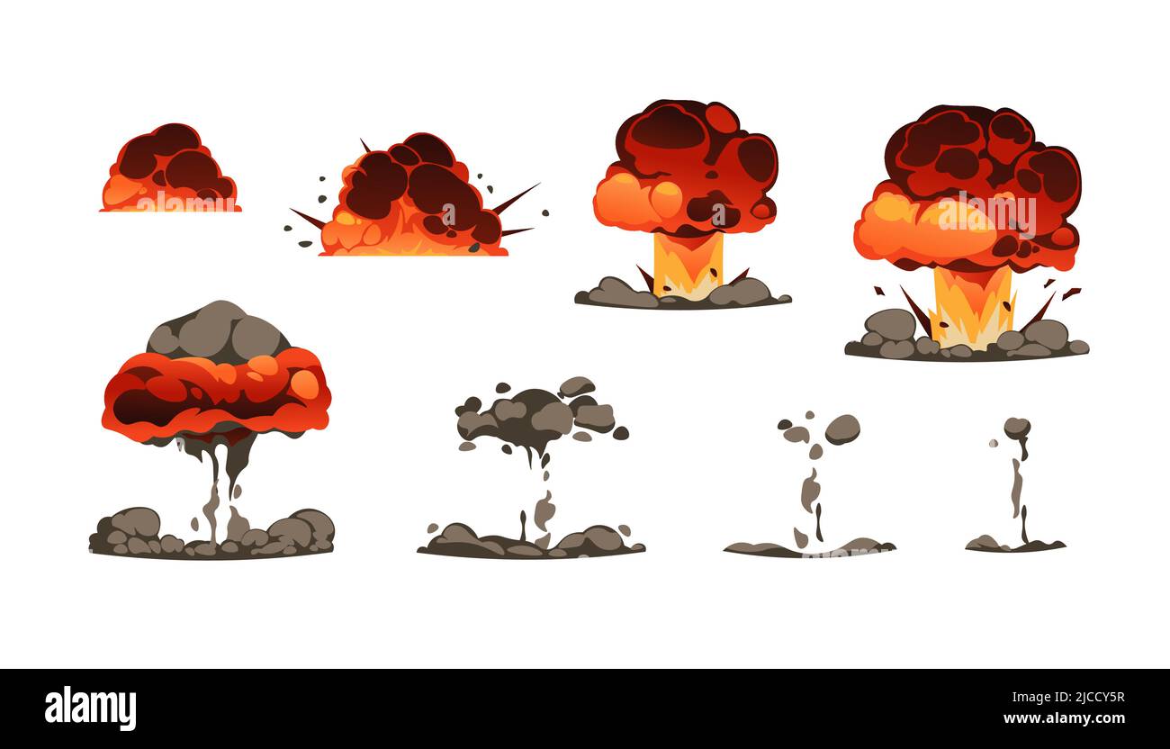 Explosion animation kit. Cartoon bomb detonation comic effect with fire and smoke, energy blast ...
