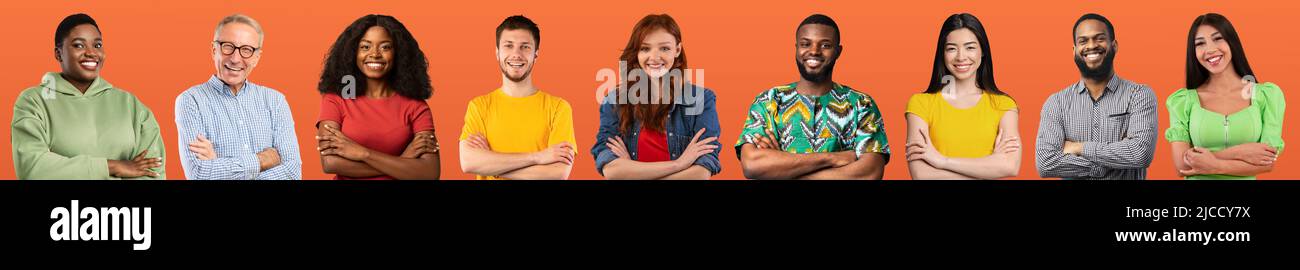 Collection of happy multiracial people photos on orange studio ...