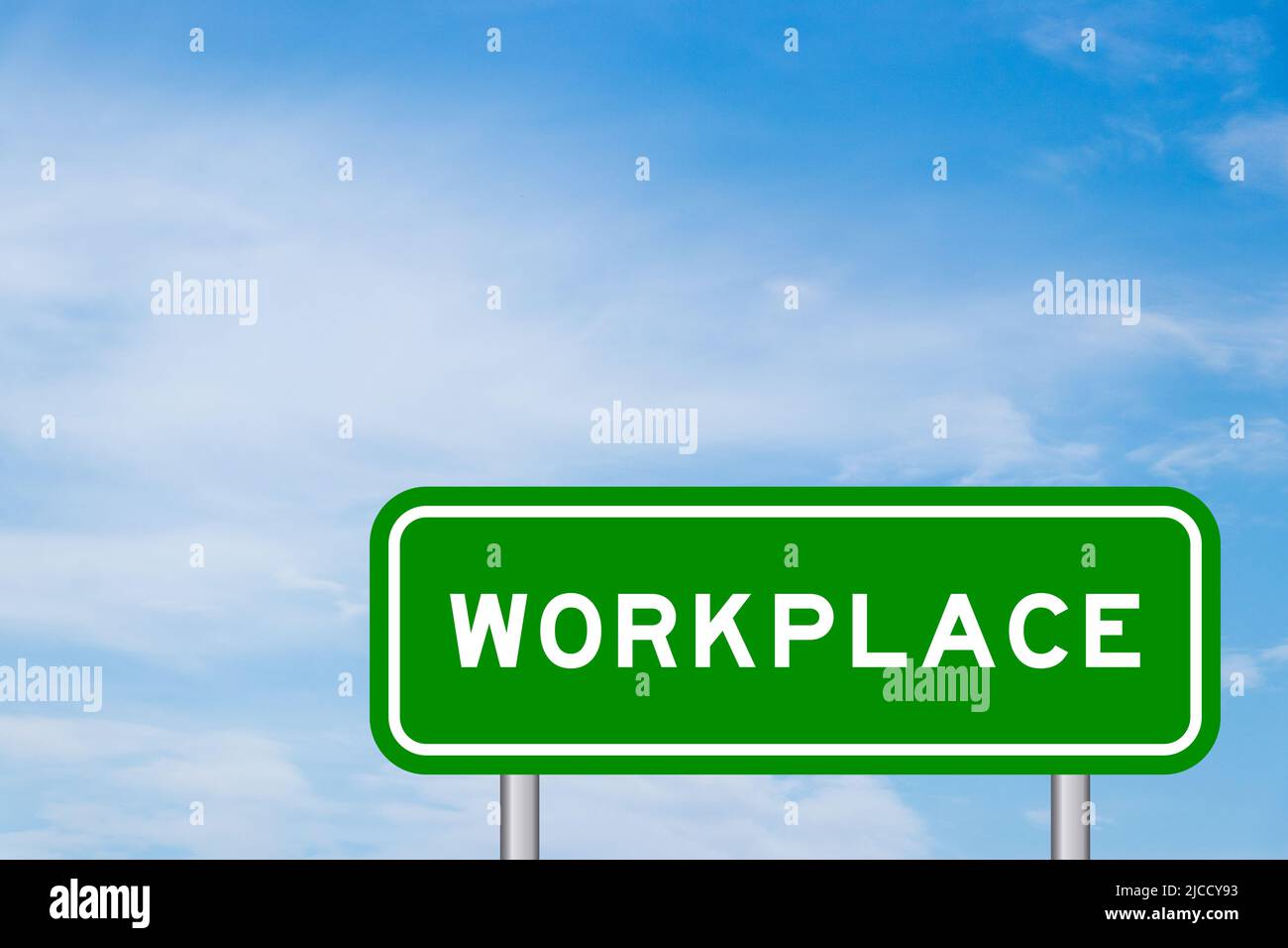 Green color transportation sign with word workplace on blue sky with ...