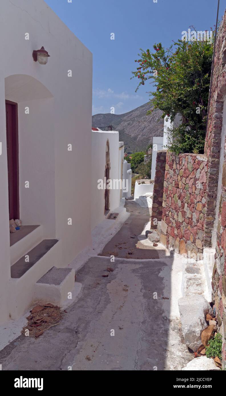 Narrow whitewashed streets of Megalo Chorio mountain village, Tilos ...