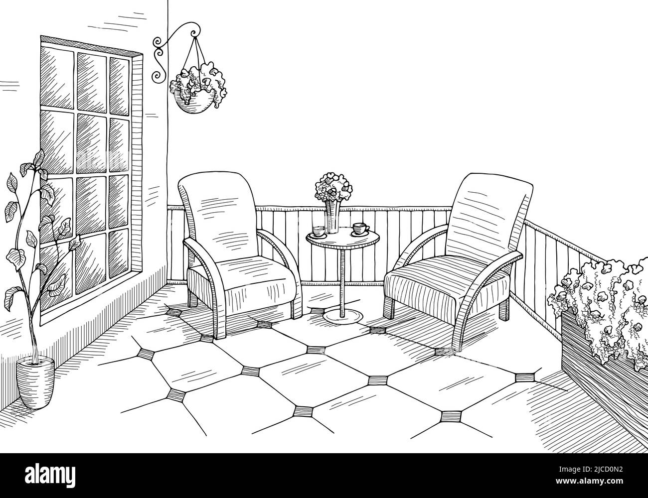 Balcony graphic black white interior sketch illustration vector Stock ...