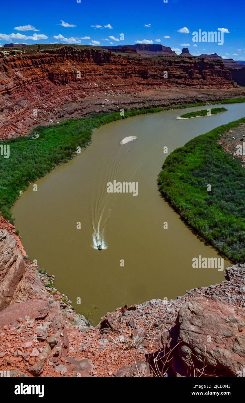Boat on the water, the Colorado River bed, overgrown with green ...