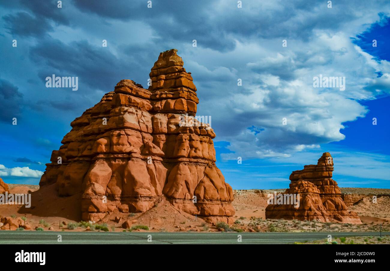 Layered geological formations of red rocks in Canyonlands National Park ...