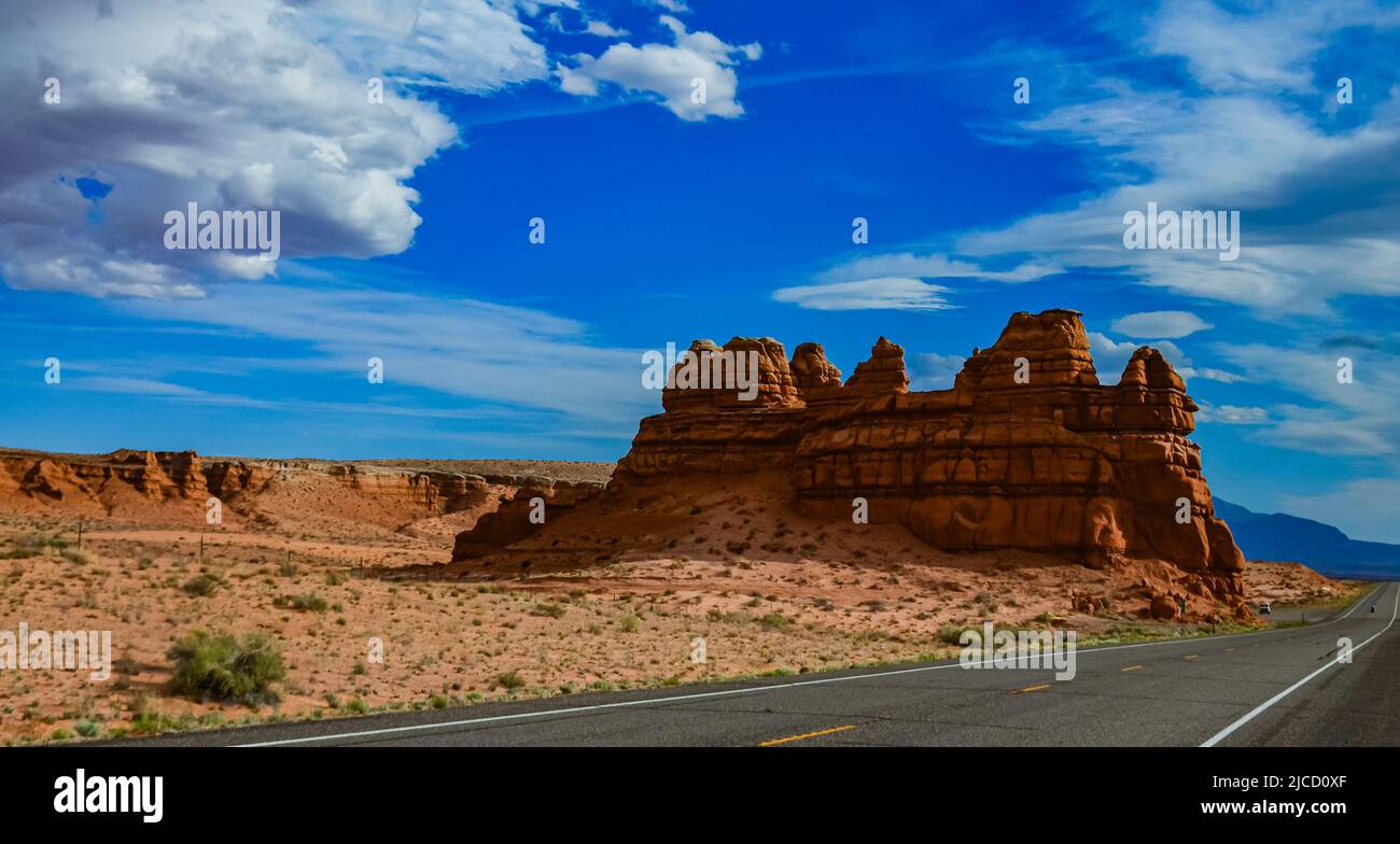 Layered geological formations of red rocks in Canyonlands National Park ...
