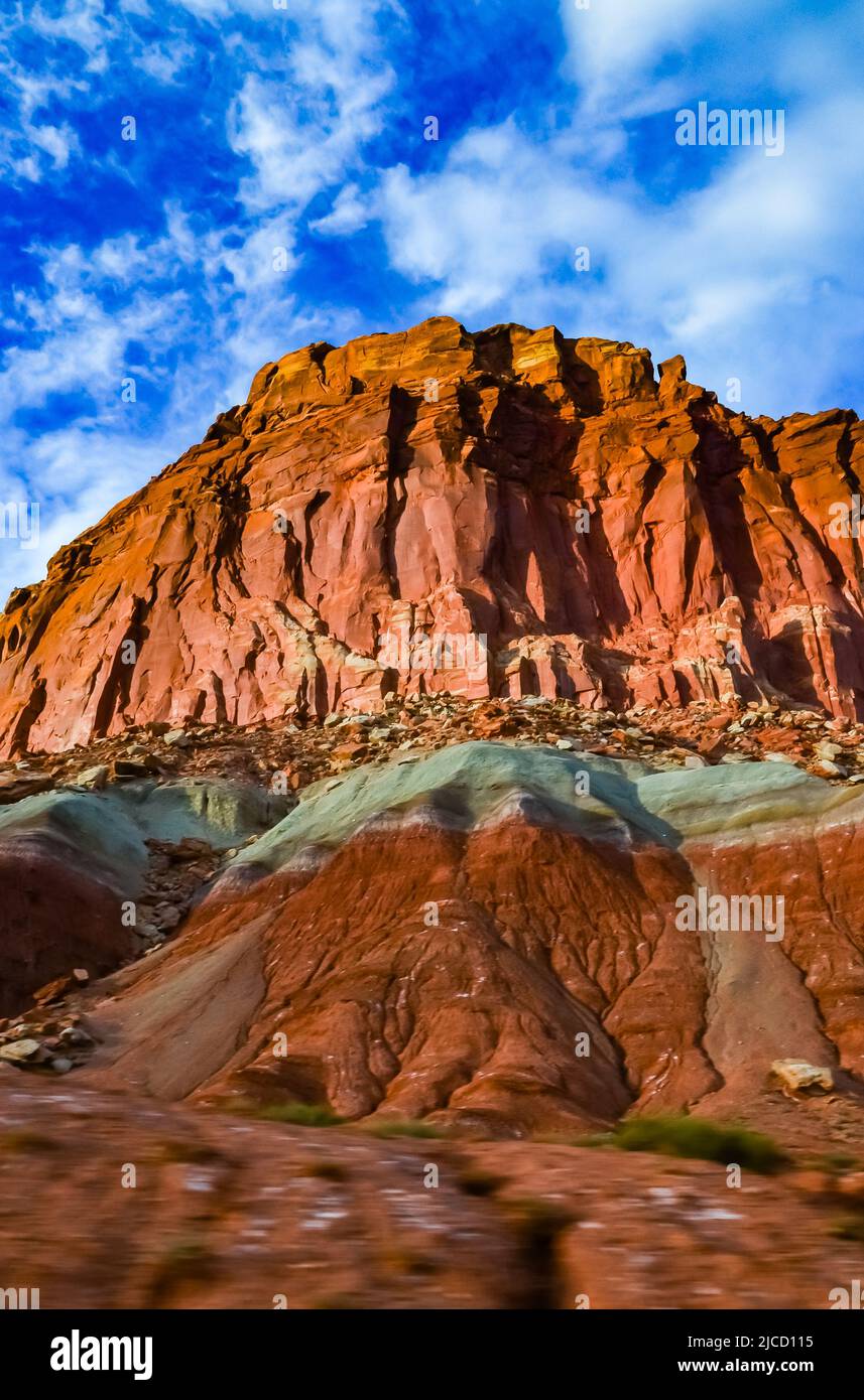 Layered geological formations of red rocks in Canyonlands National Park ...