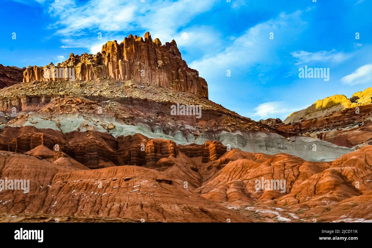 Layered geological formations of red rocks in Canyonlands National Park ...