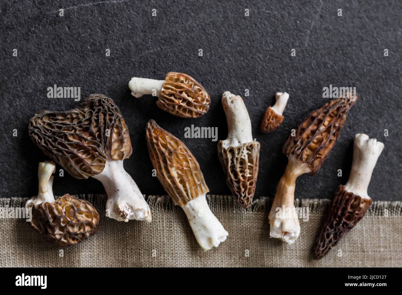 Morel mushrooms closeup on black background. Flatlay Stock Photo - Alamy