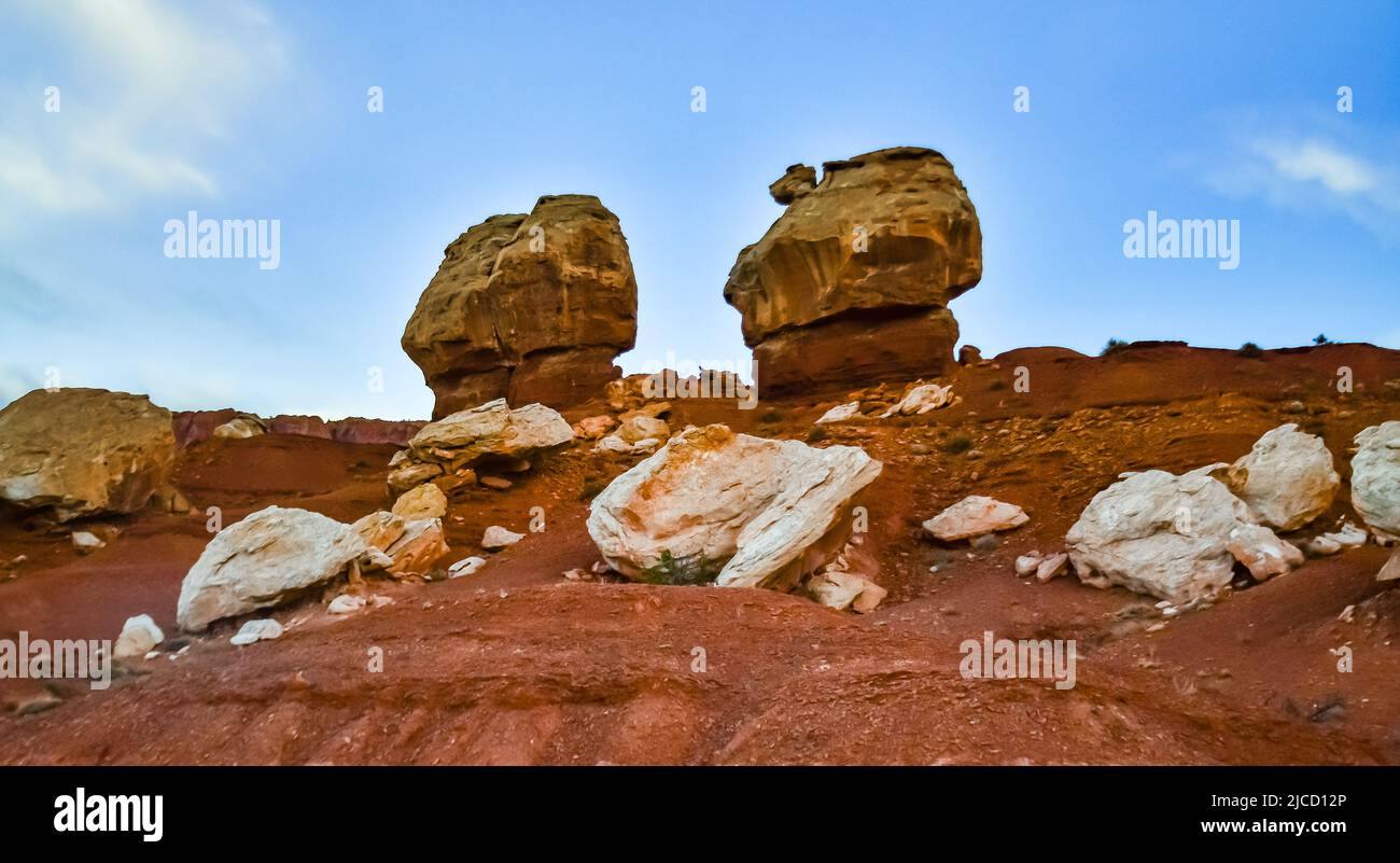 Layered geological formations of red rocks in Canyonlands National Park ...