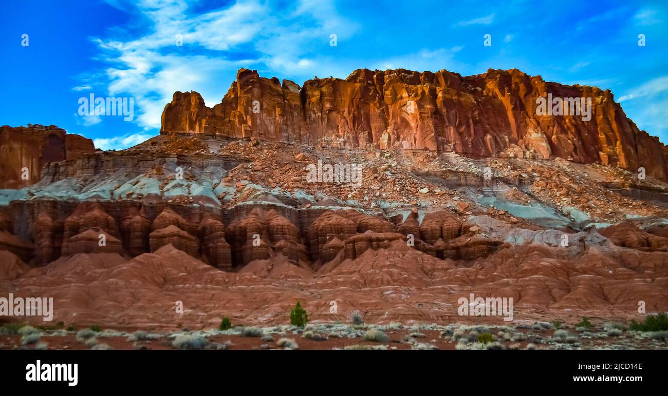 Layered geological formations of red rocks in Canyonlands National Park ...