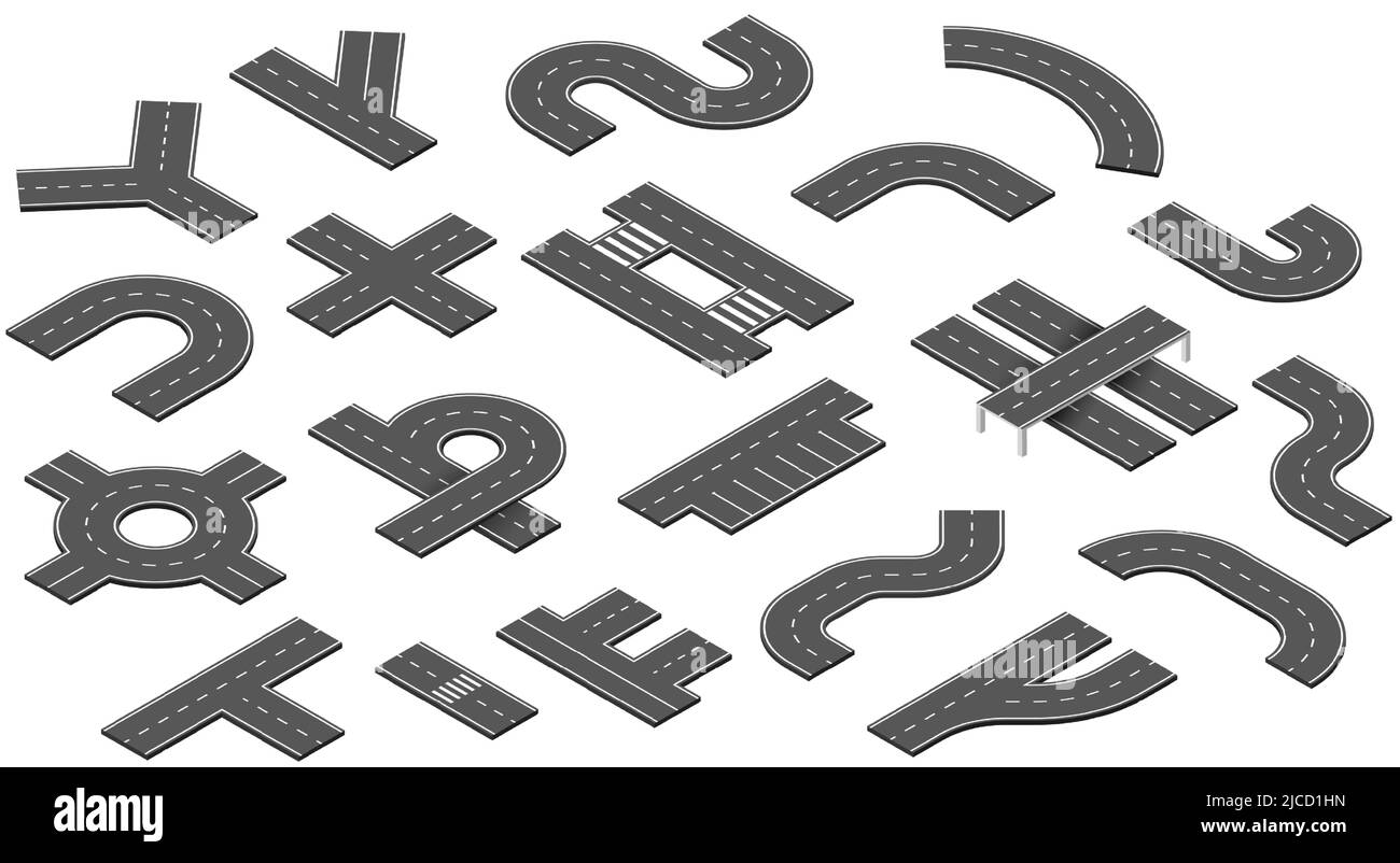 Isometric road. Cartoon highway 3D construction kit with volume pathway ...