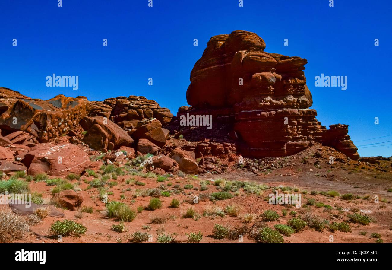Layered geological formations of red rocks in Canyonlands National Park ...