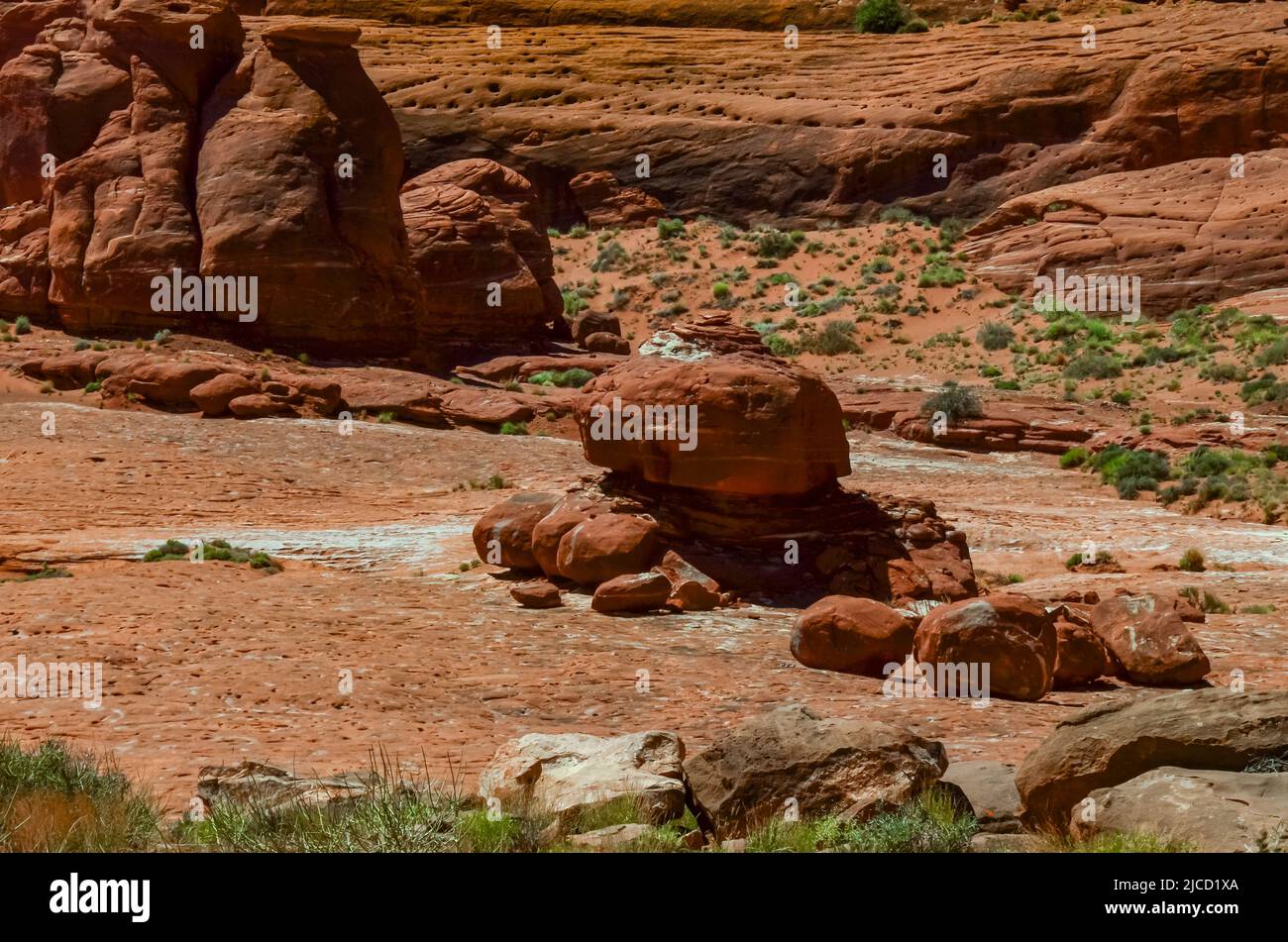 Layered geological formations of red rocks in Canyonlands National Park ...