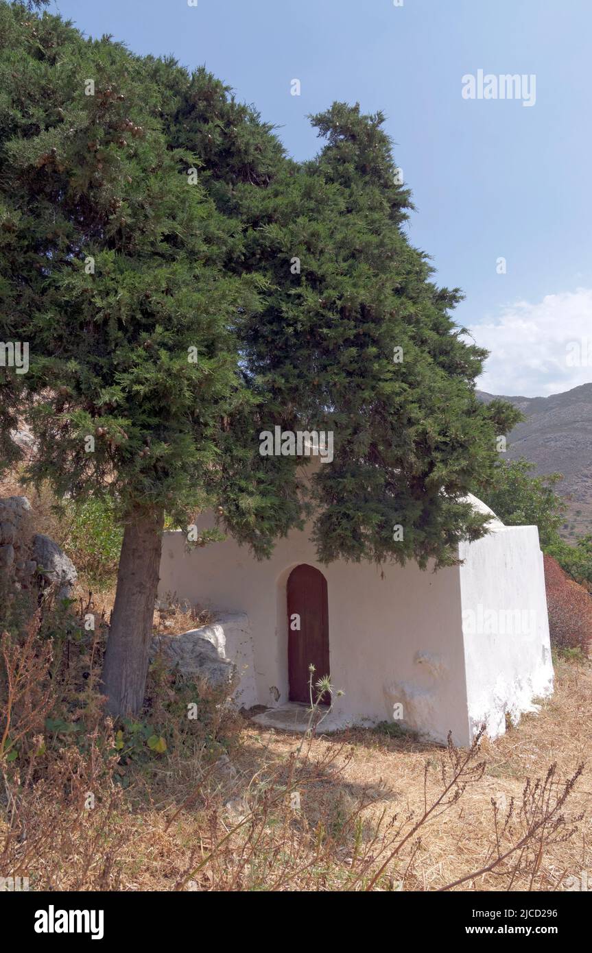 View of small church, Megalo Chorio mountain village, Tilos, On the ...