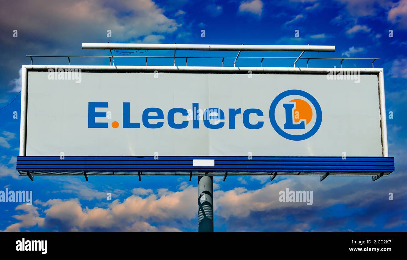 POZNAN, POL - MAY 1, 2022: Advertisement billboard displaying logo of E ...