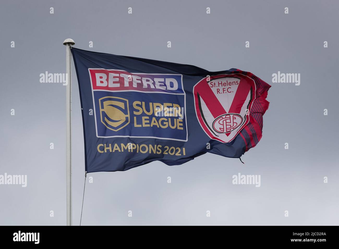 A flag reading Betfred Super League Champions 2021 flies high above The ...