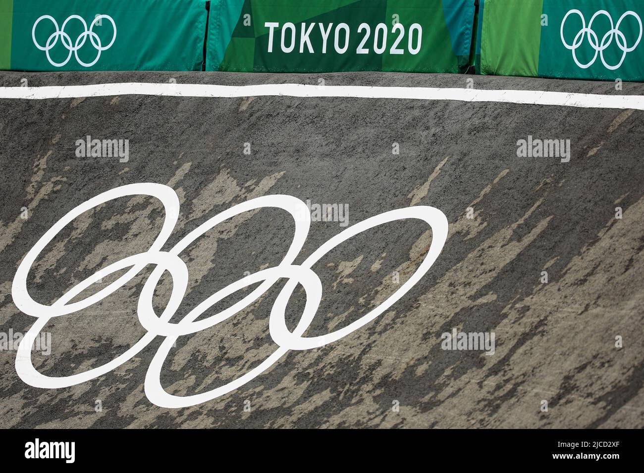 JULY 30th, 2021 - TOKYO, JAPAN: olympic rings on the track of the ...