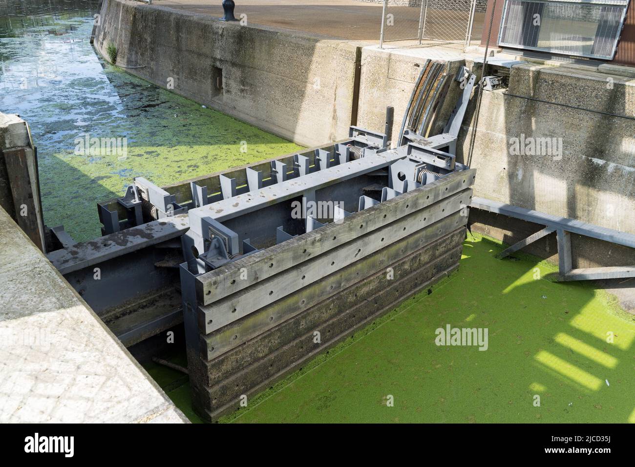 Canal lock gates on the River Lea in the Queen Elizabeth Olympic Park ...