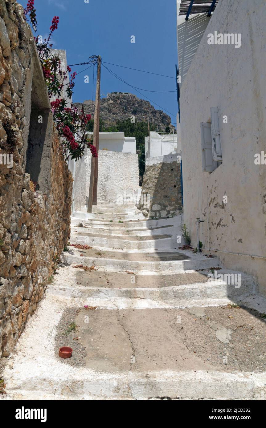Narrow whitewashed streets of Megalo Chorio mountain village, Tilos ...