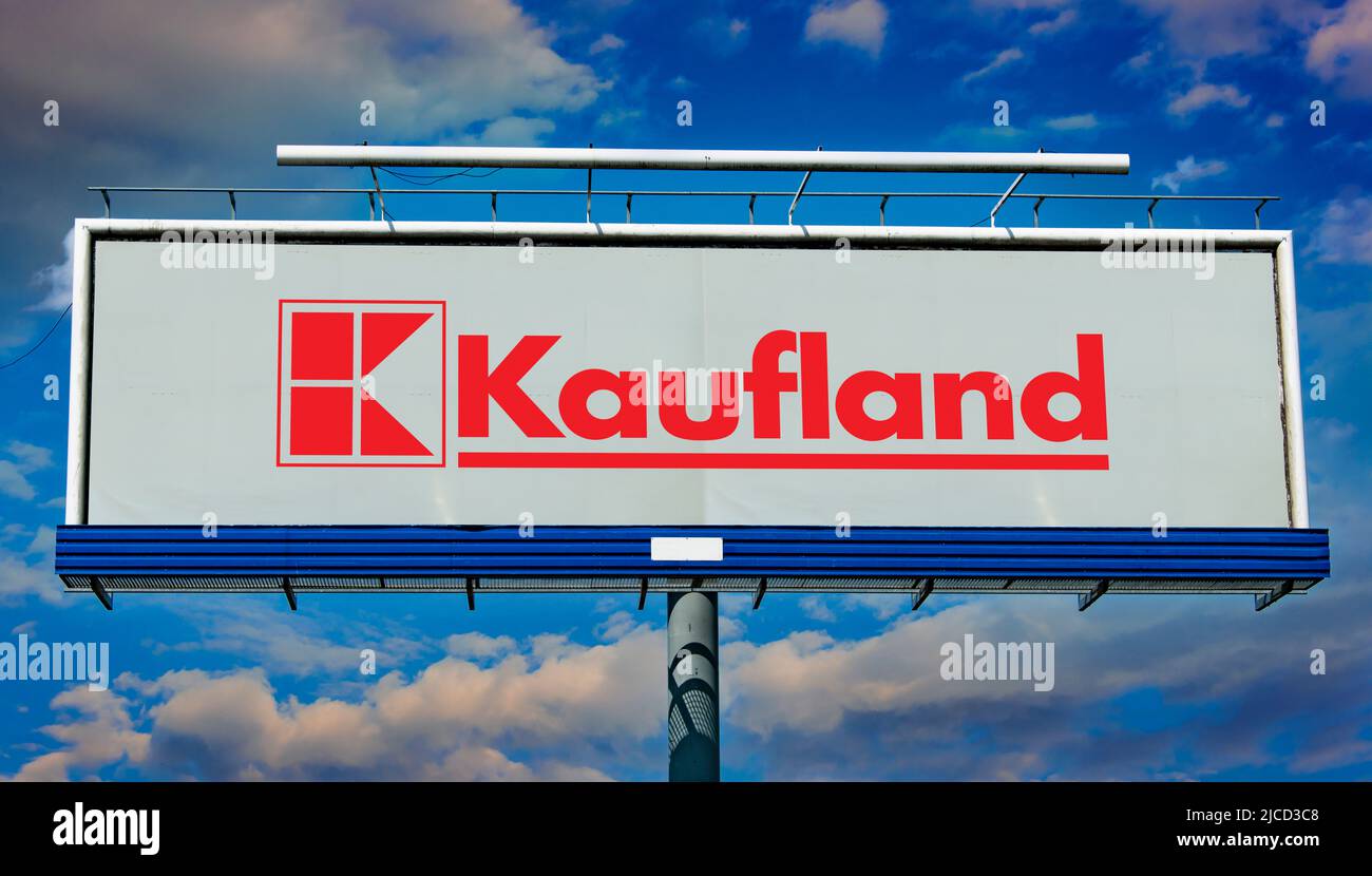 POZNAN, POL - MAY 1, 2022: Advertisement billboard displaying logo of ...