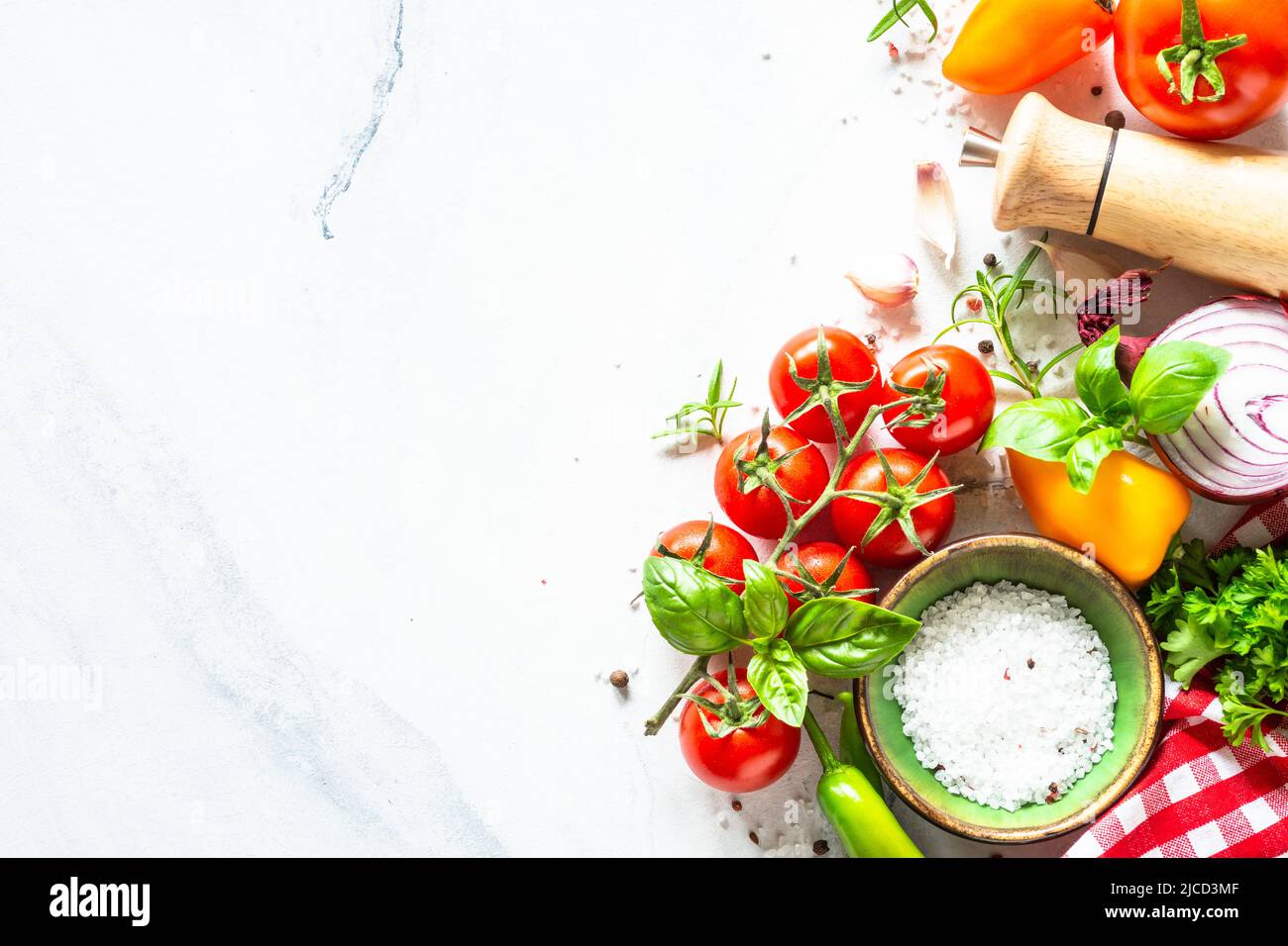 Food cooking background on white marble table Stock Photo - Alamy