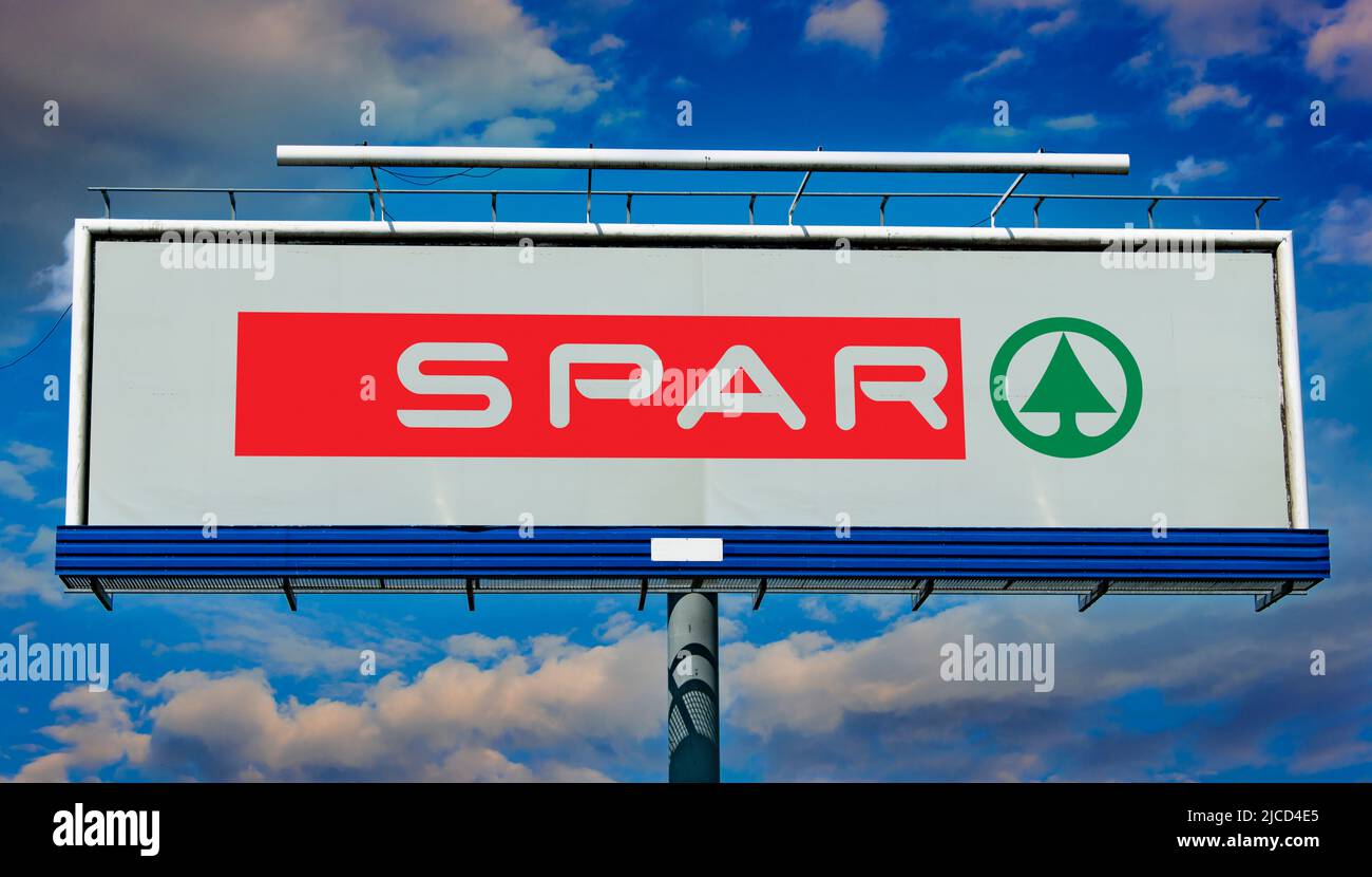 POZNAN, POL - MAY 1, 2022: Advertisement billboard displaying logo of ...