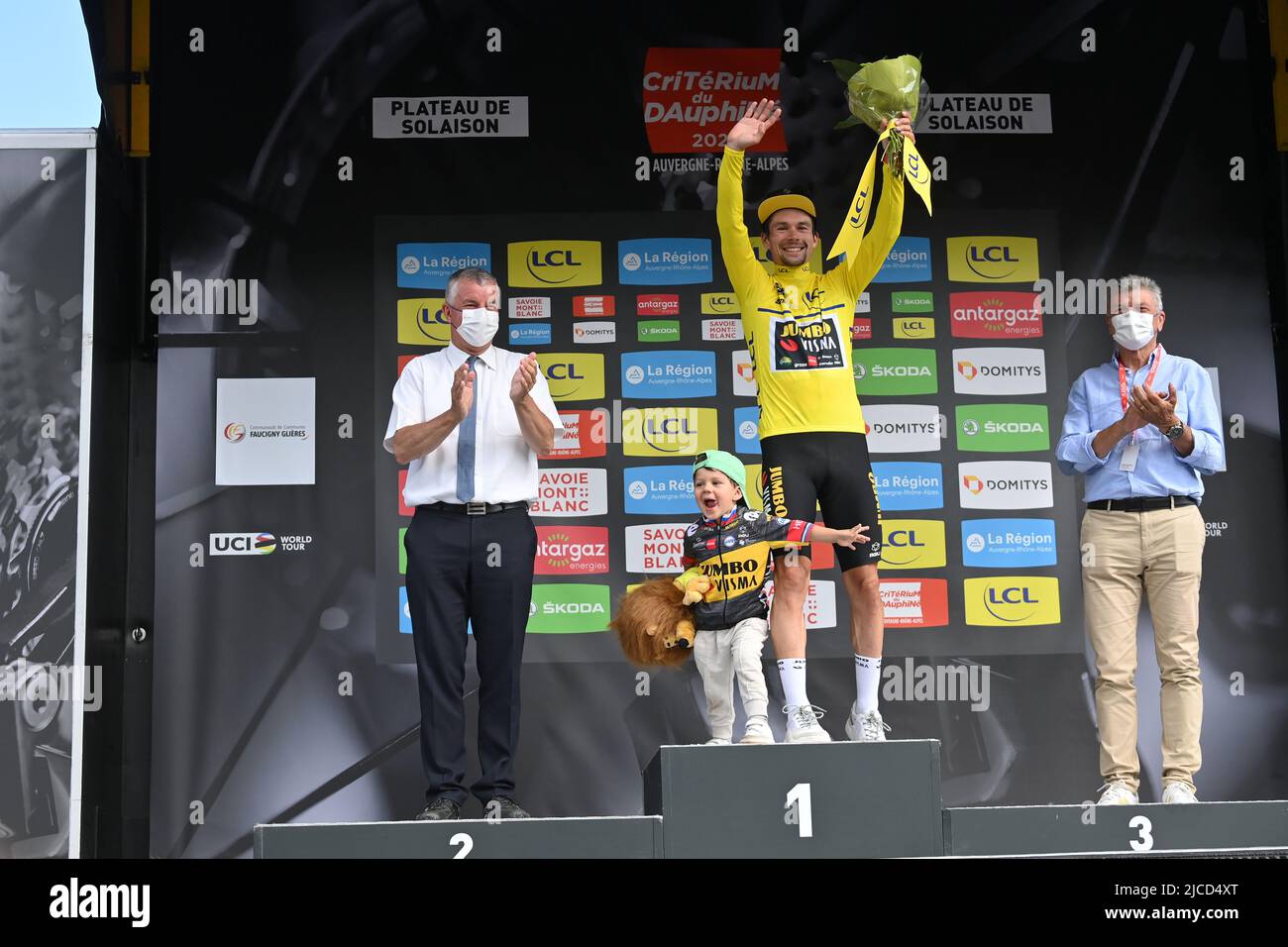 Slovenian Primoz Roglic of Jumbo-Visma wearing the yellow jersey ...