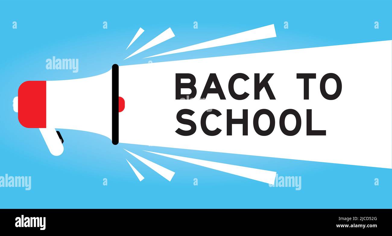 Color megaphone icon with word back to school in white banner on blue ...