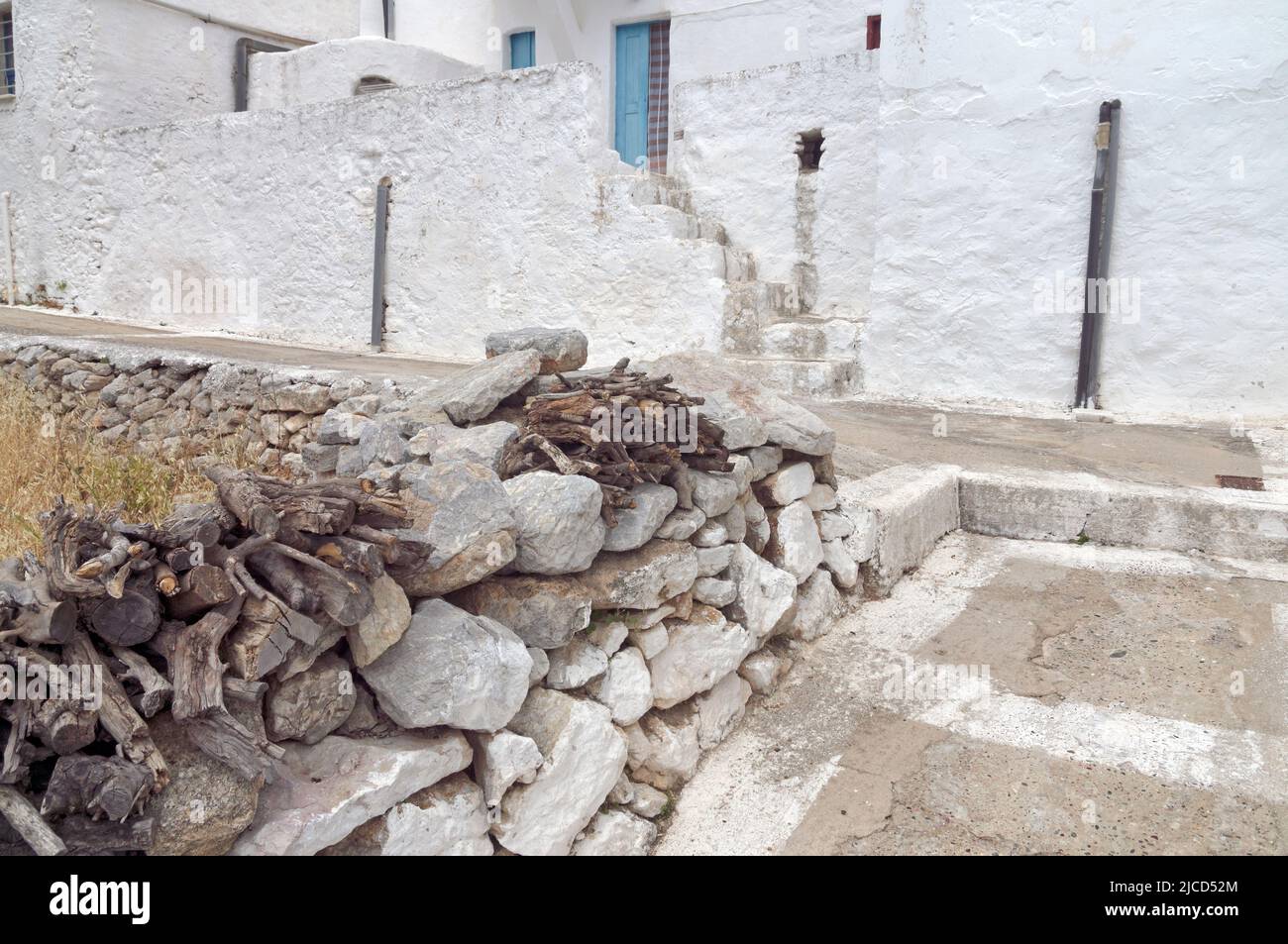 View of Megalo Chorio mountain village and firewood store, Tilos ...