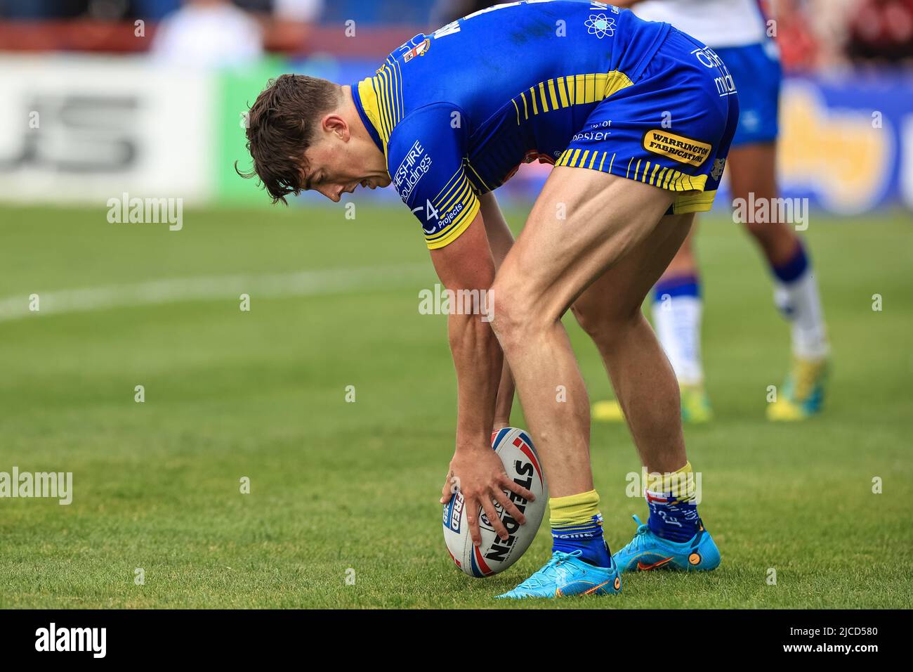 Matty Ashton #5 of Warrington Wolves makes a 60 yard dash for a solo ...