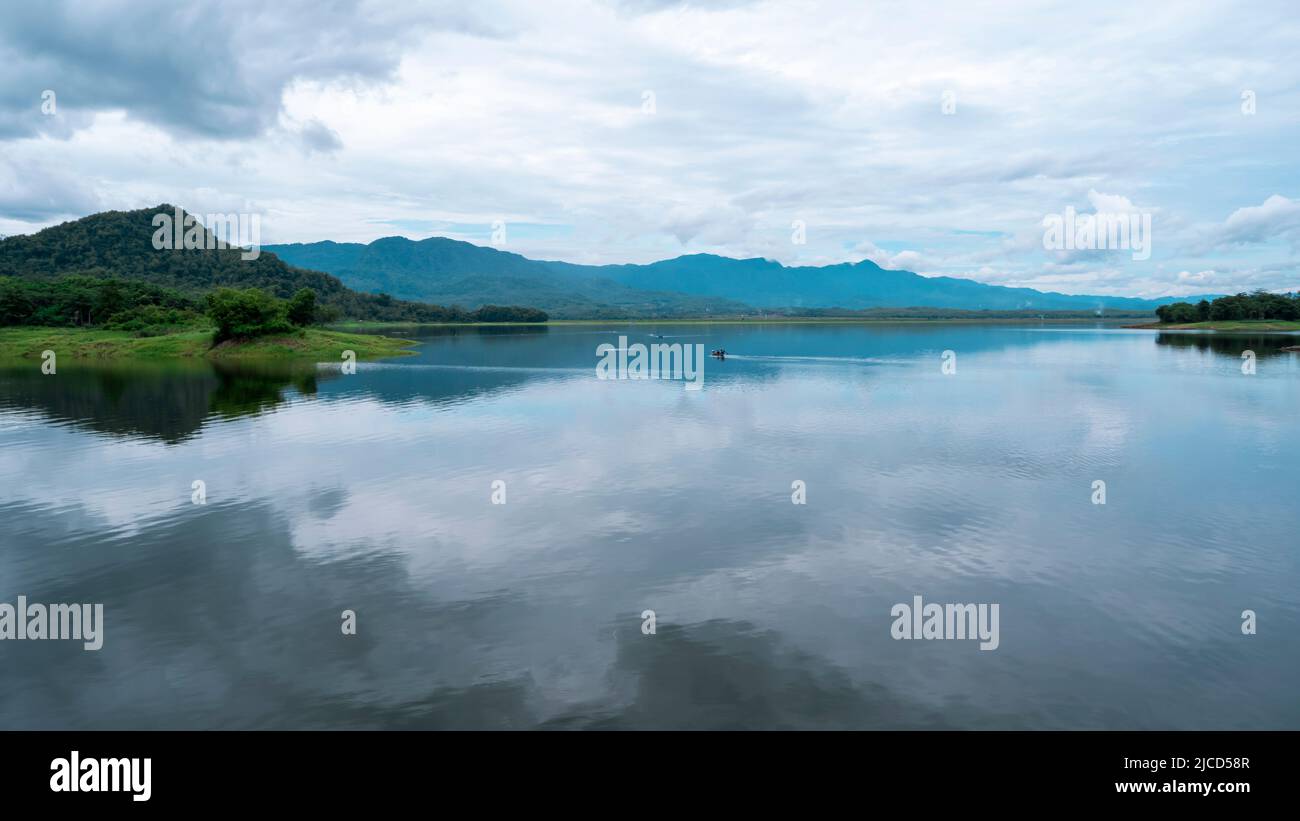 The natural view of the Malahayu reservoir. A water area in the form of ...