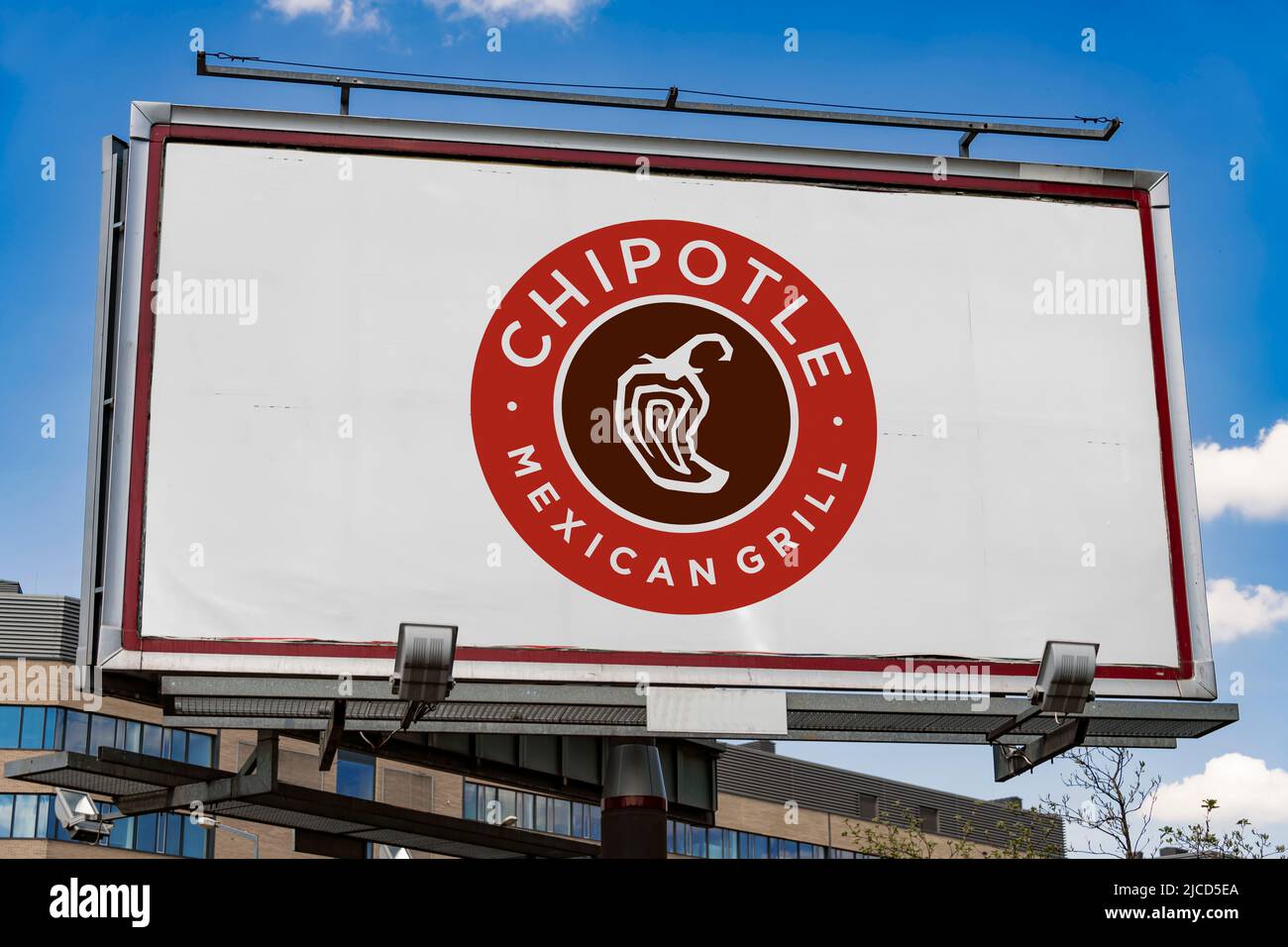 POZNAN, POL - MAY 1, 2022: Advertisement billboard displaying logo of ...