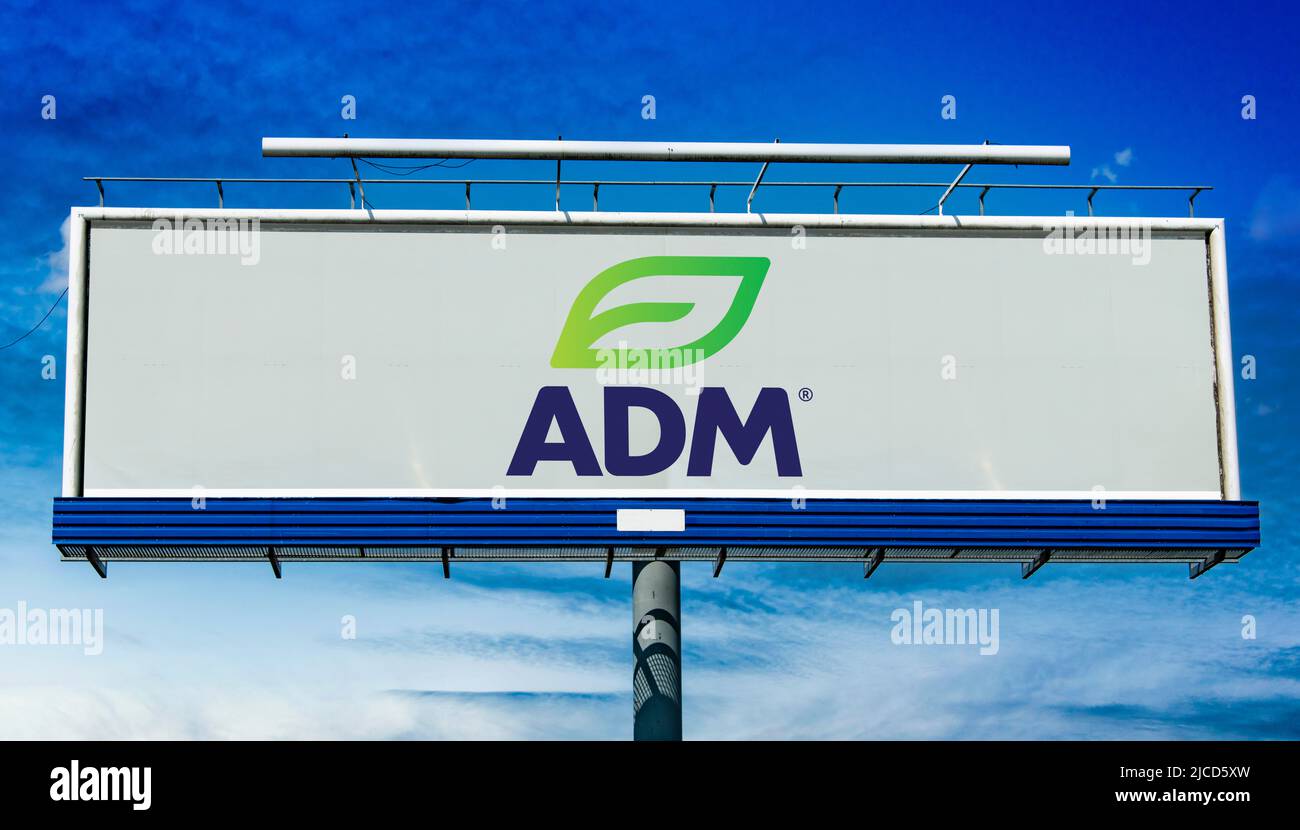 POZNAN, POL - MAY 1, 2022: Advertisement billboard displaying logo of ...