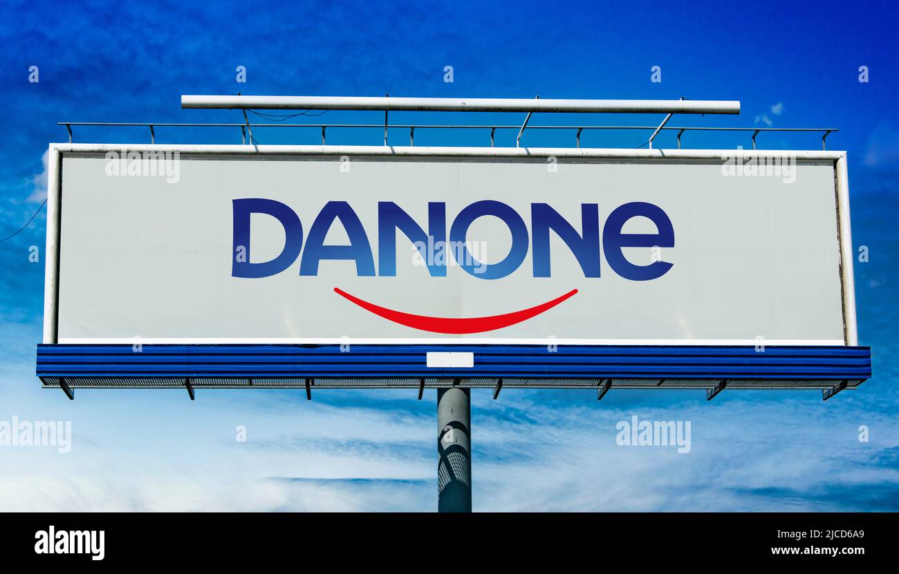 POZNAN, POL - MAY 1, 2022: Advertisement billboard displaying logo of ...