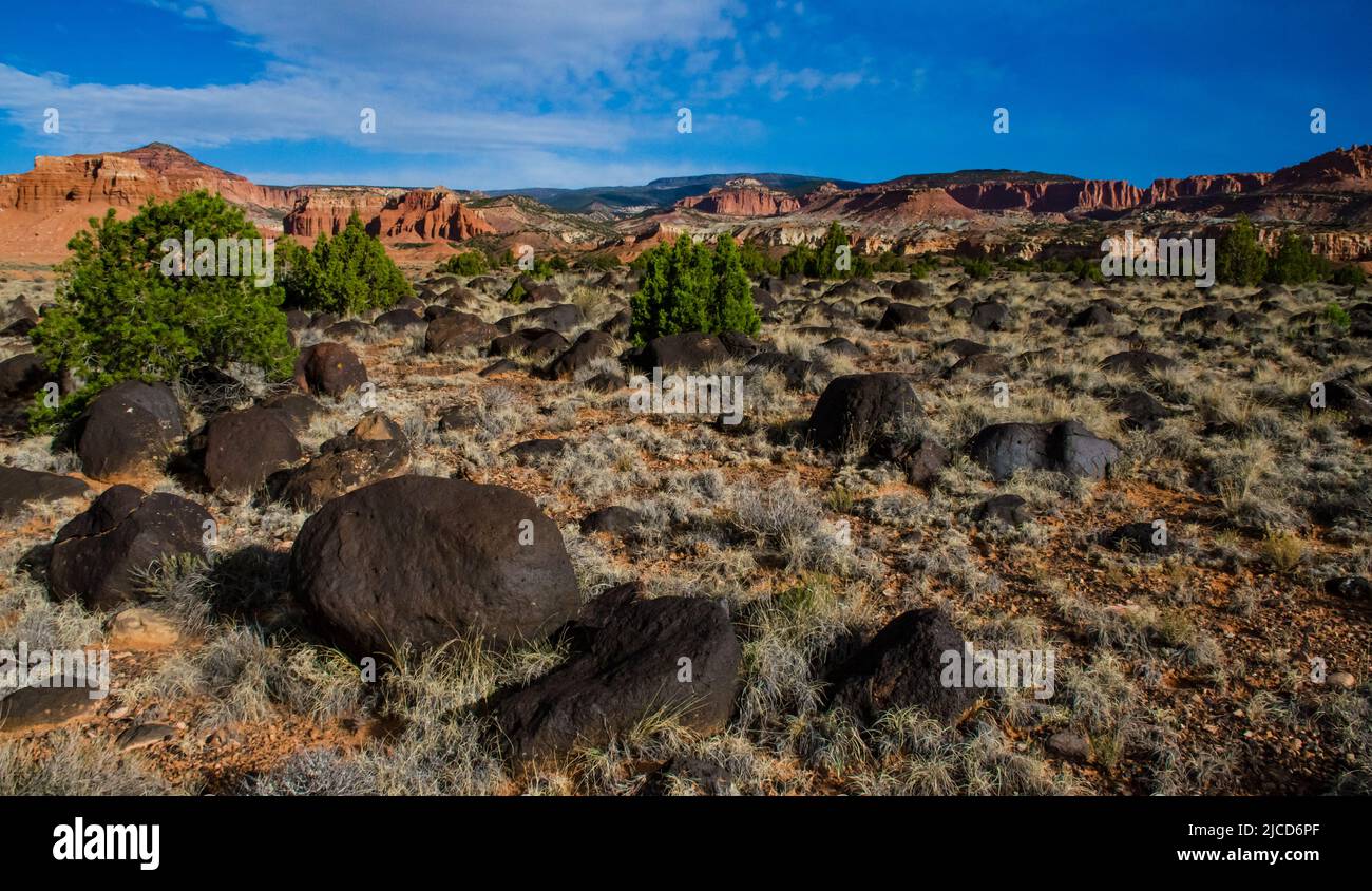 Volcanic bombs, molten lava from an ancient volcano, CANYONLANDS, Utah ...