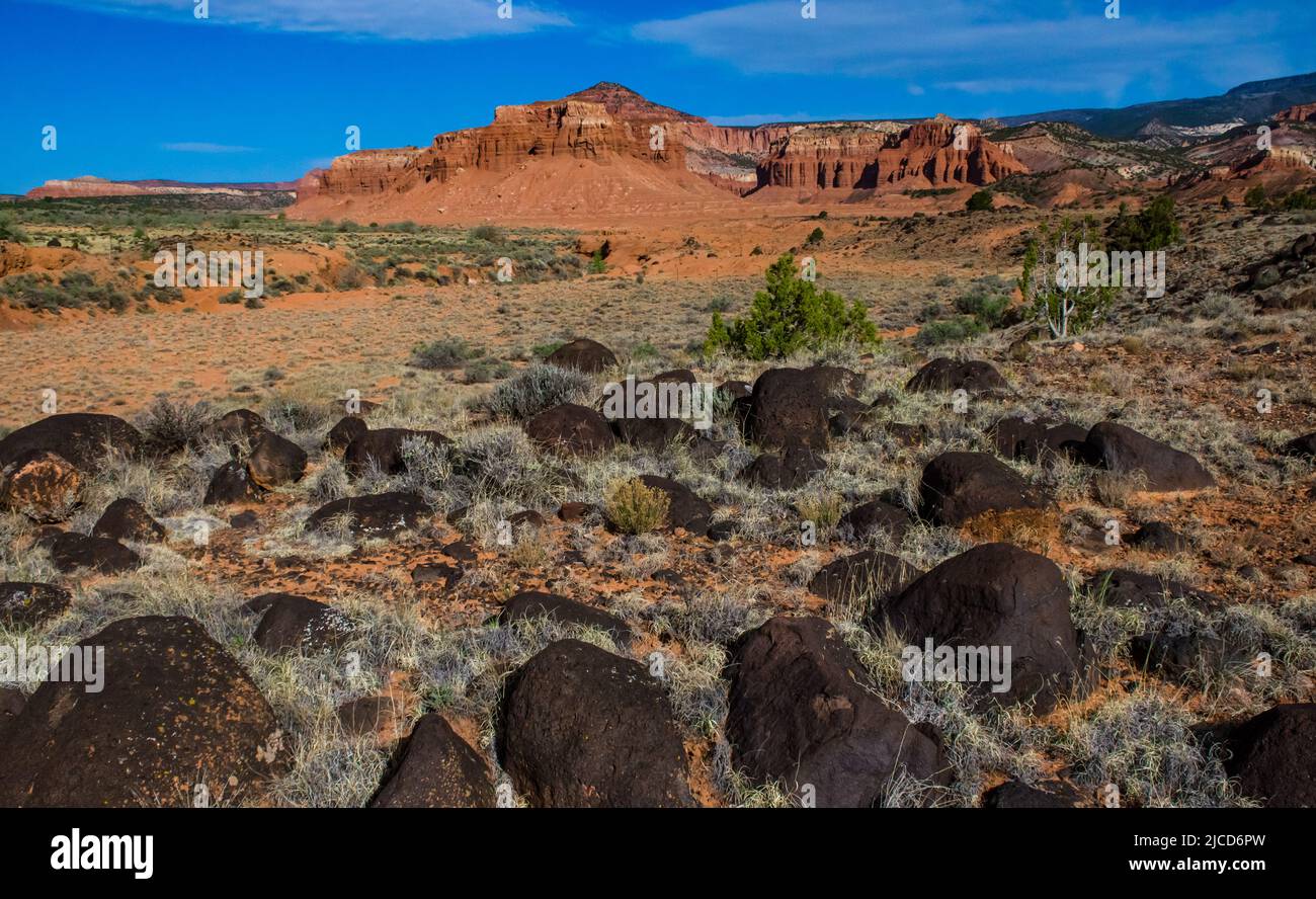 Volcanic bombs, molten lava from an ancient volcano, CANYONLANDS, Utah ...