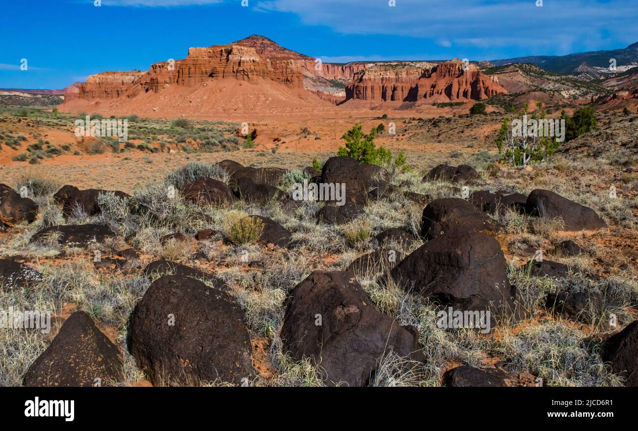 Volcanic bombs, molten lava from an ancient volcano, CANYONLANDS, Utah ...