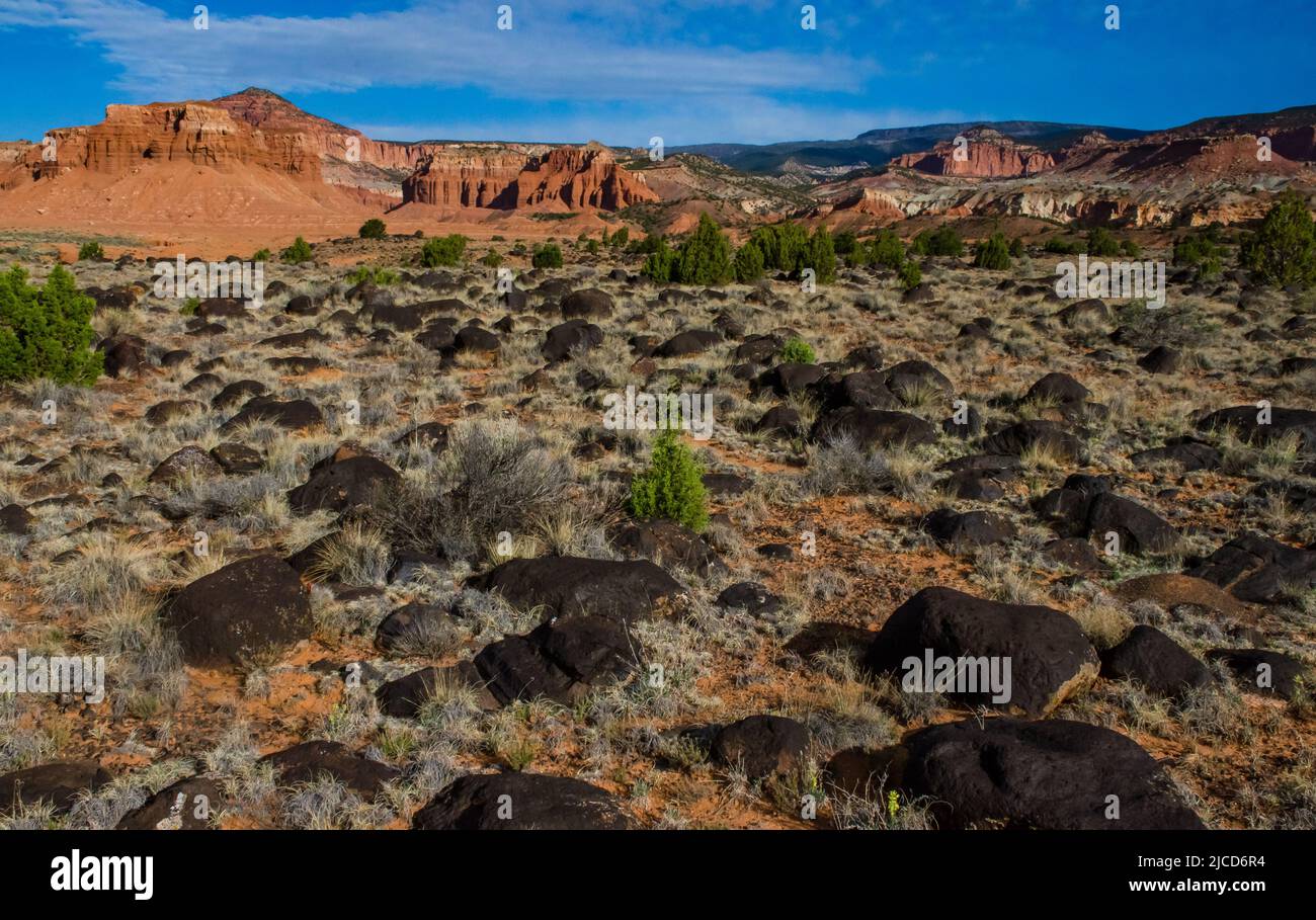 Volcanic bombs, molten lava from an ancient volcano, CANYONLANDS, Utah ...