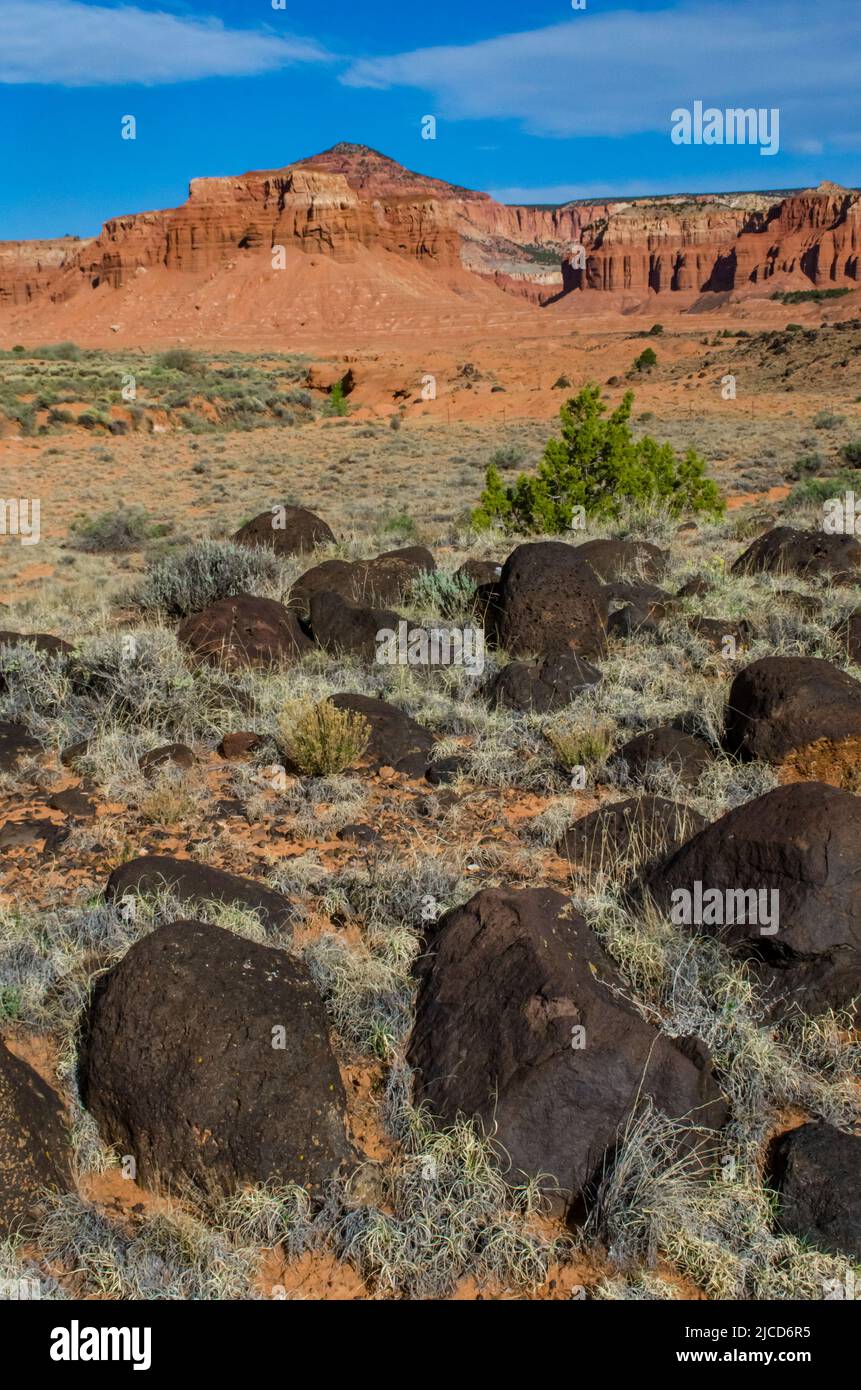 Volcanic bombs, molten lava from an ancient volcano, CANYONLANDS, Utah ...