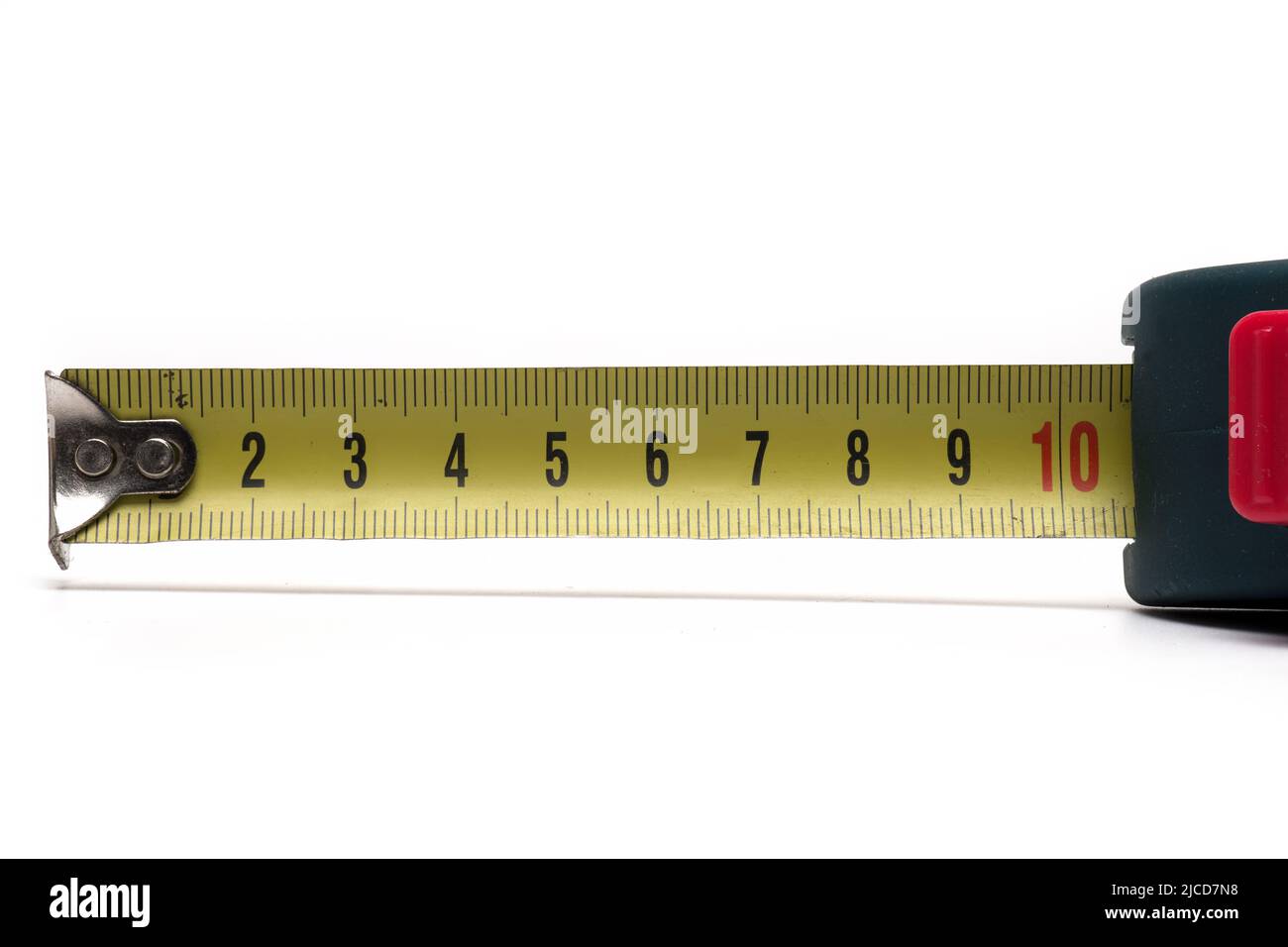 Close up of blue roll meter tape measure with yellow dimension track ...