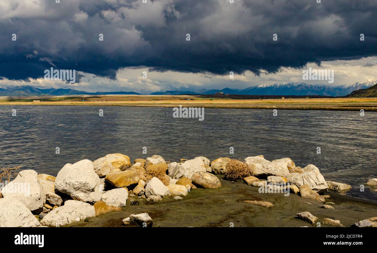 The shore of the hypersaline lake. Great Salt Lake State Park. Utah USA ...