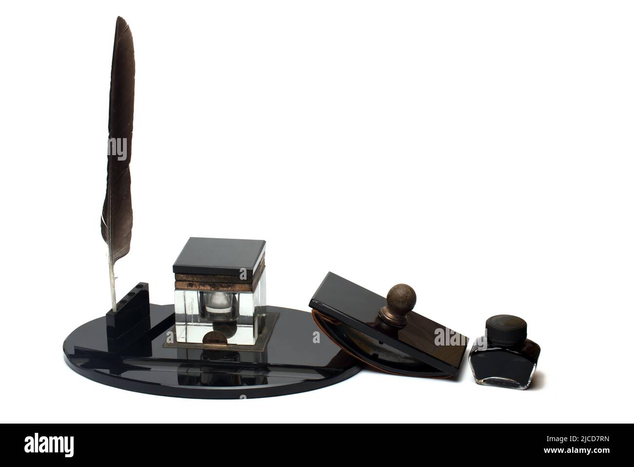 Close up of several bakelite office items with pen ink inkwell pen ...