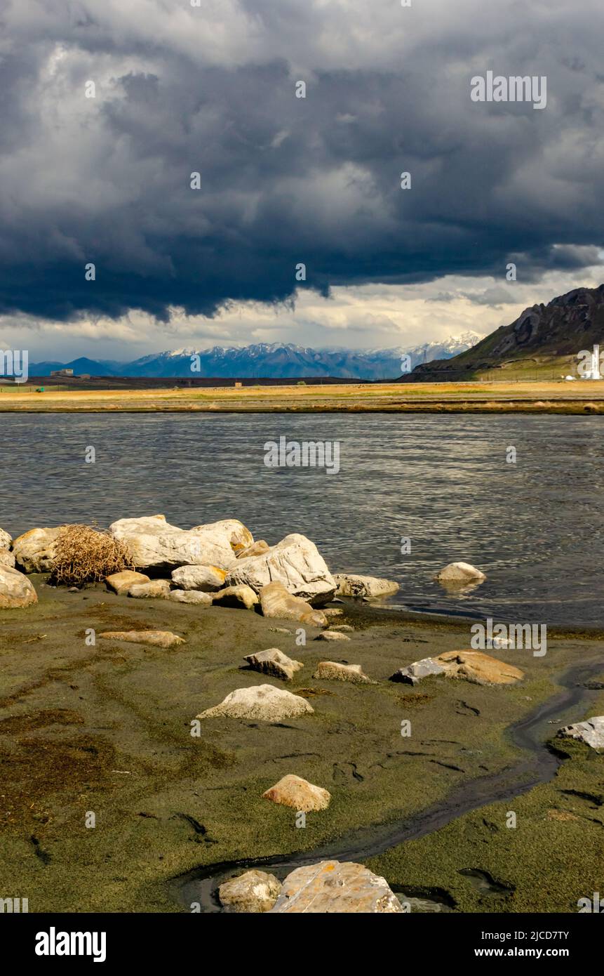 The shore of the hypersaline lake. Great Salt Lake State Park. Utah USA ...