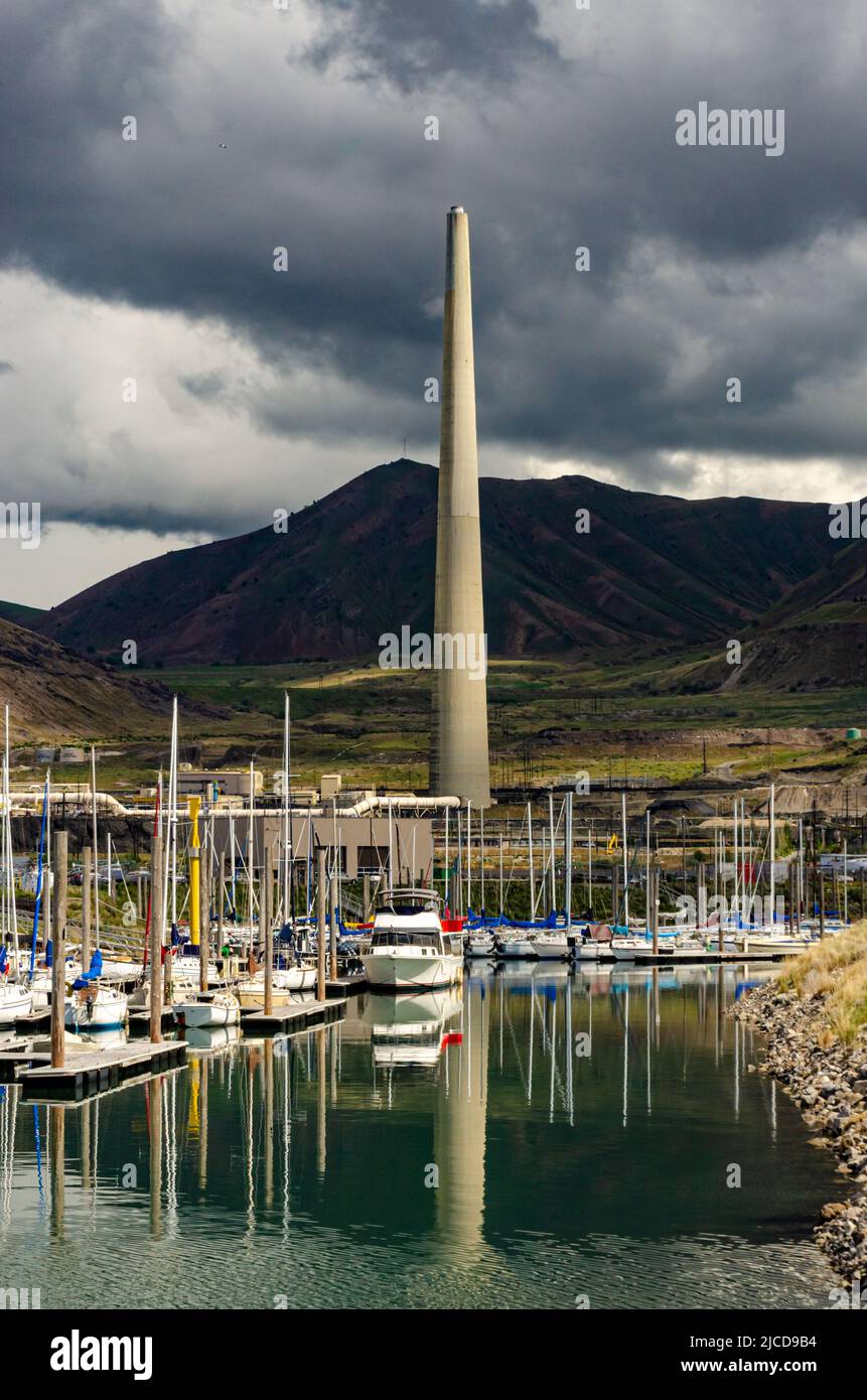 A yacht pier on the shore of a hypersaline lake. Great Salt Lake State ...
